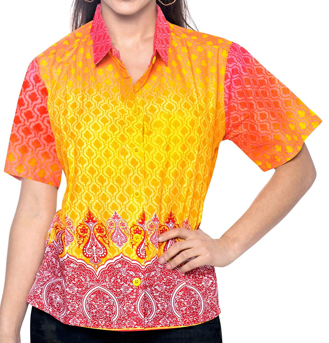 La Leela Women Beach Blouse Button Down Relax Camp Casual Shirt Funky