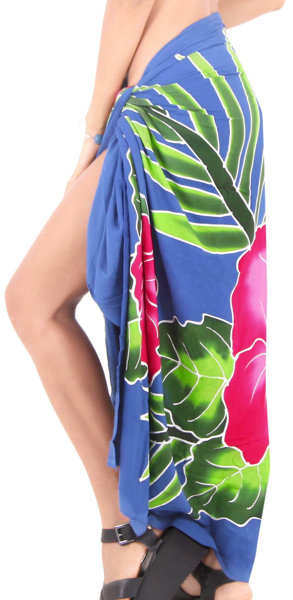 Royal Blue Non-Sheer Hand Painted Pink Hibiscus and Leaves Beach Wrap ...
