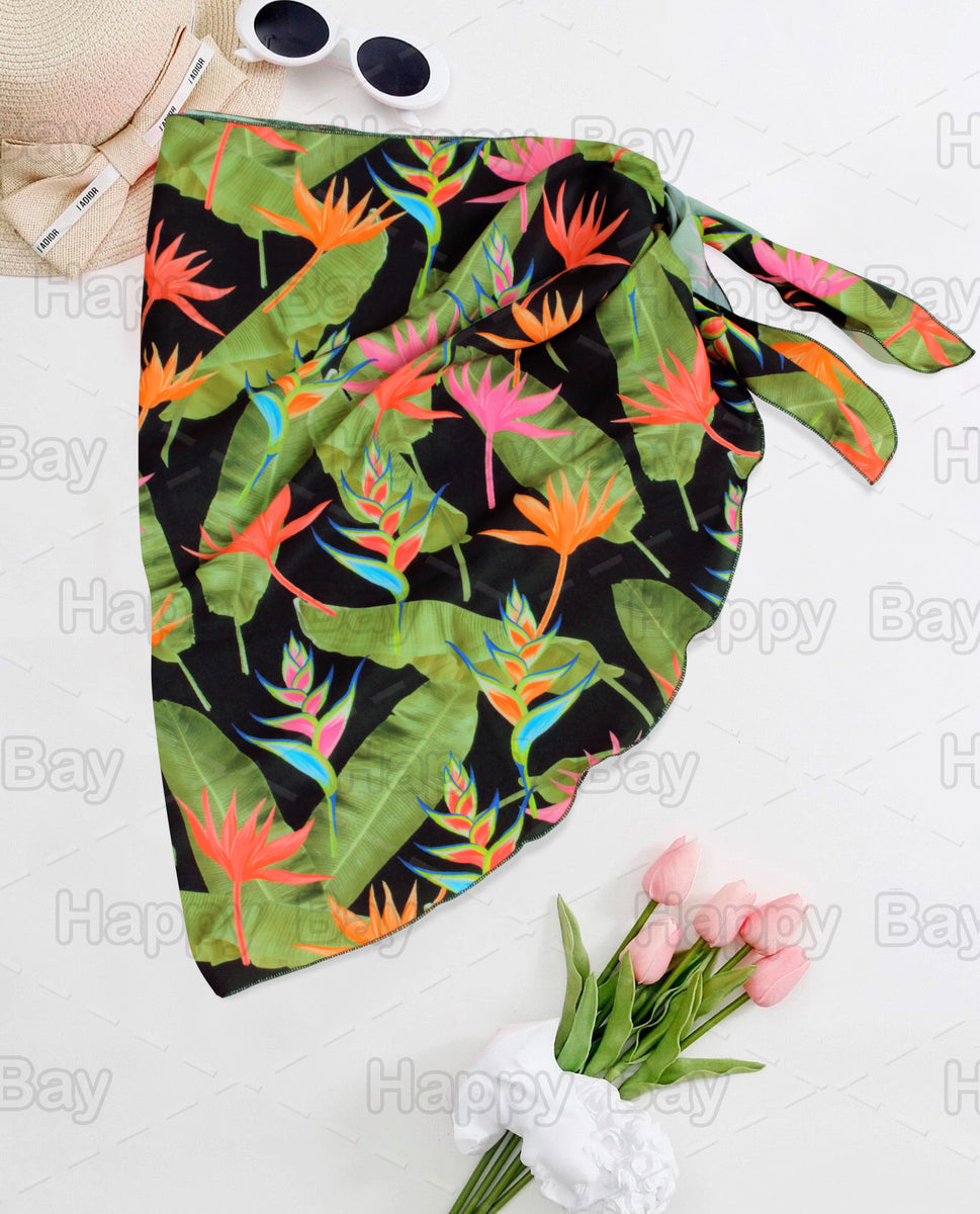 Black Non-Sheer Banana Leaves and Floral Print Half Beach Wrap For ...