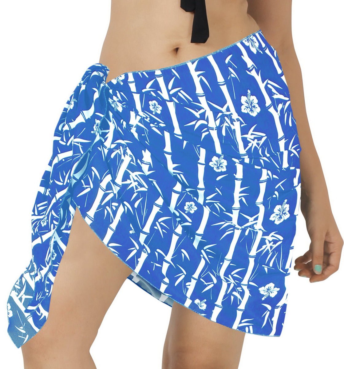 Bright Blue Non-Sheer Bamboo and Hibiscus Flower Print Half Beach Wrap ...